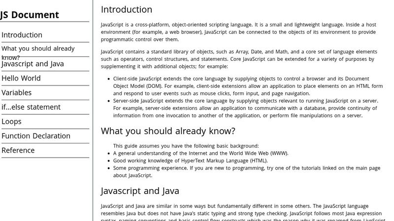 Javascript Documentation Page