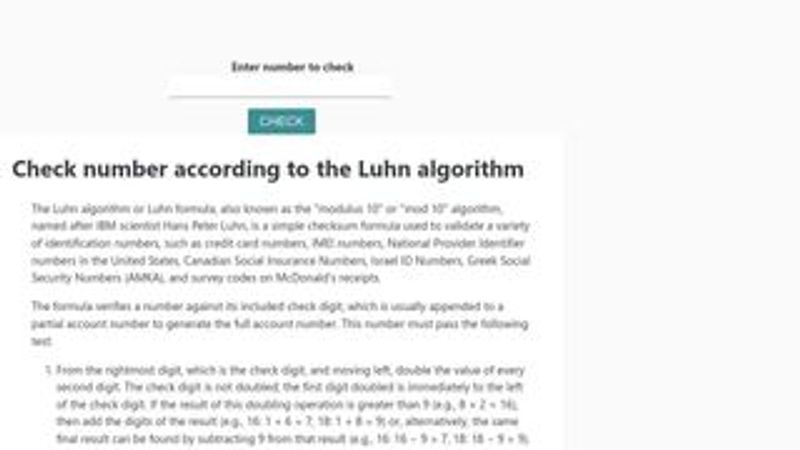Check number according to the Luhn algorithm (check for the valid ID number, credit card number ...