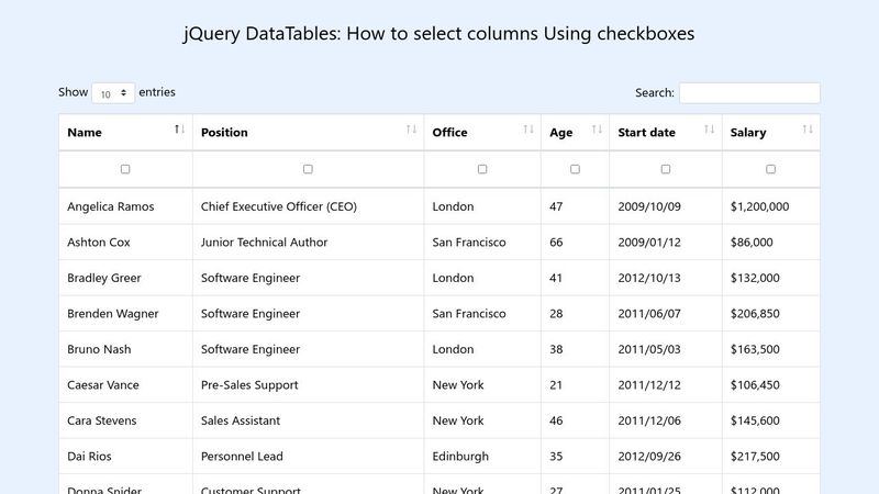 Jquery Datatables Select Columns Using Checkboxes