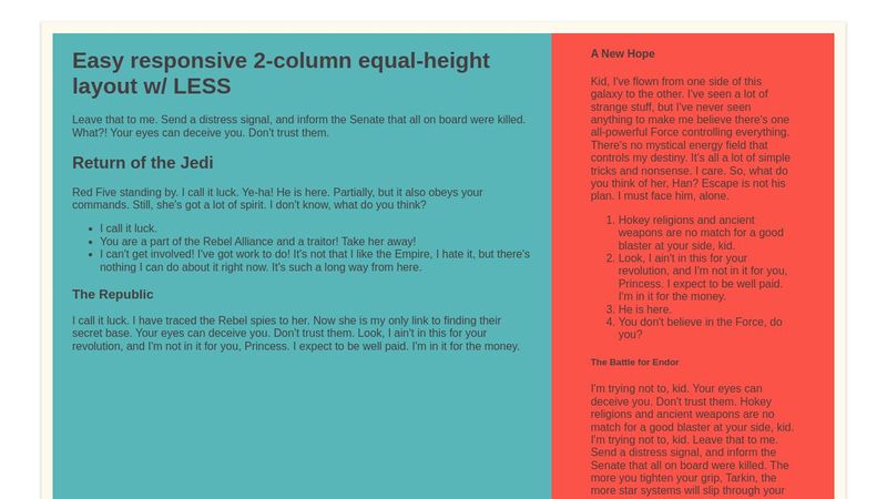 Easy responsive 2-column equal-height layout w/ LESS