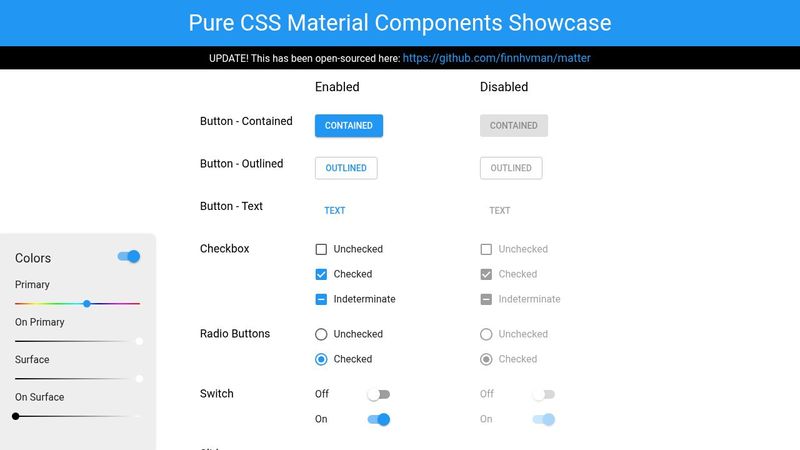 Pure CSS Material Components Showcase