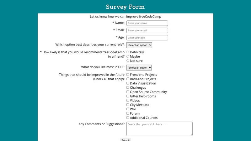 beta FreeCodeCamp Build A Survey Form beta FreeCodeCamp Build A Survey Form