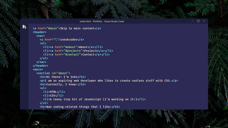 VSCode themed portfolio page