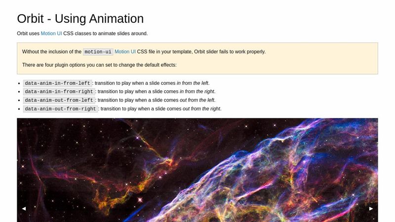 Foundation - Orbit - Using Animation (CSS/Flex Example) Foundation - Orbit - Using Animation (CSS/Flex Example)