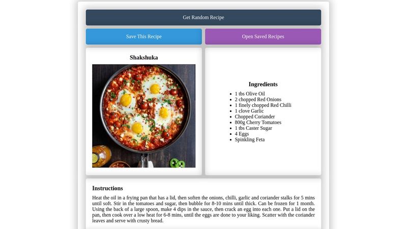 Random Recipe Generator with save recipe to local storage functionality