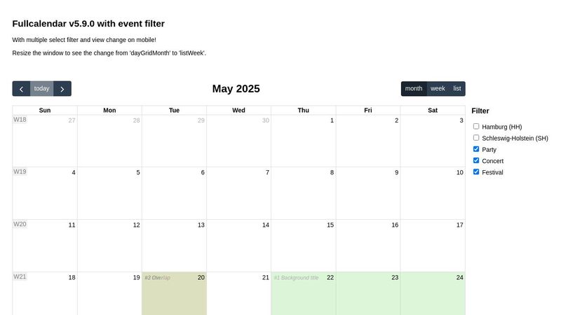 FullCalendar v5.9.0 with event filter (multiple select, mobile + desktop view)