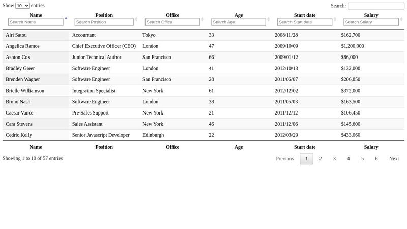 DataTables search filter in