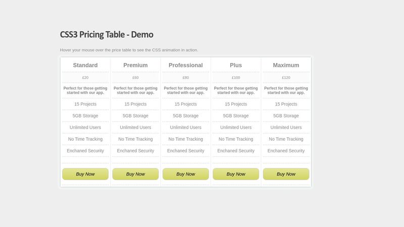 Pricing table - html, css, animated