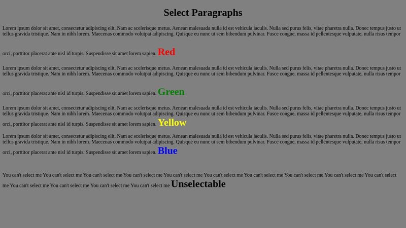 Select colors and unselectable text with CSS