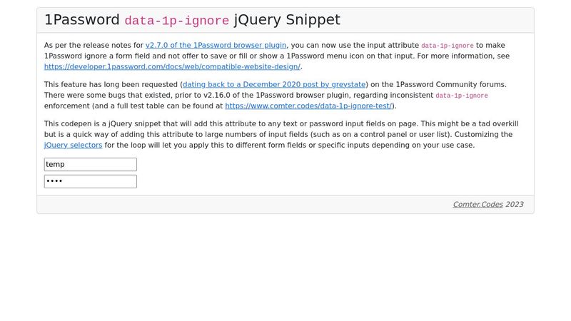 1Password data-1p-ignore jQuery Snippet
