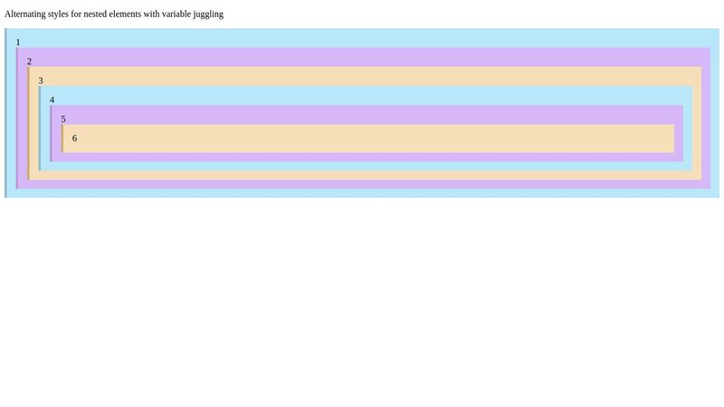 Alternating styles for nested elements with variable juggling