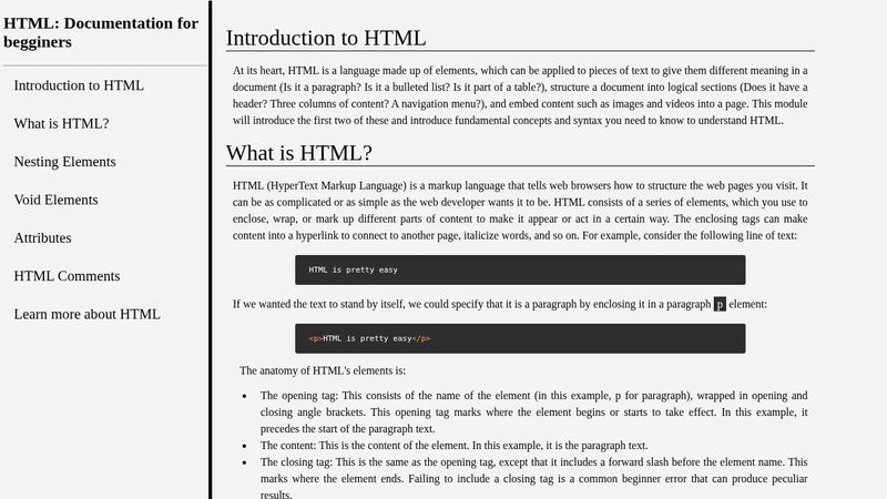 HTML: Technical Documentation for Begginers