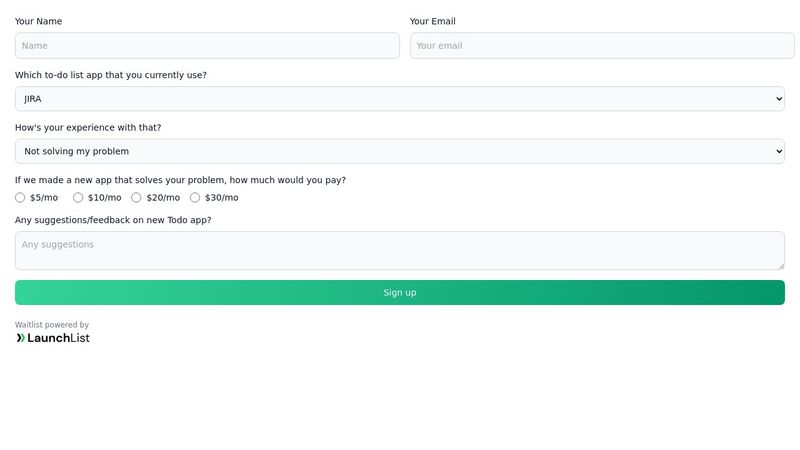 Survey style form - waitlist example - LaunchList