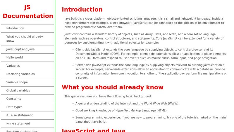 JS documentation page
