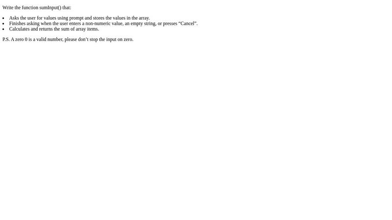 Javascript.info [Arrays: Sum input numbers]