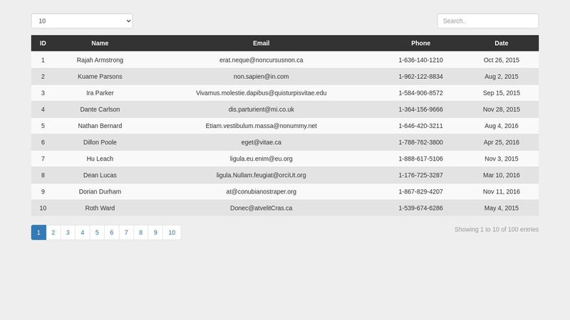 Pagination table with search option