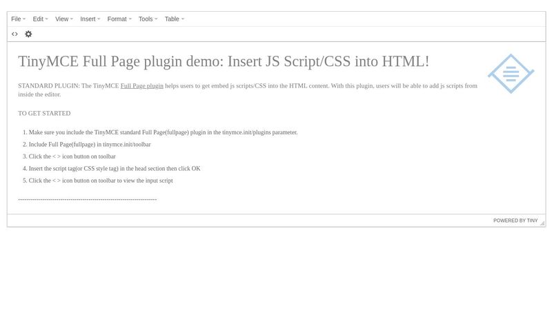 TinyMCE Full Page plugin: Insert JS/CSS into HTML TinyMCE Full Page plugin: Insert JS/CSS into HTML