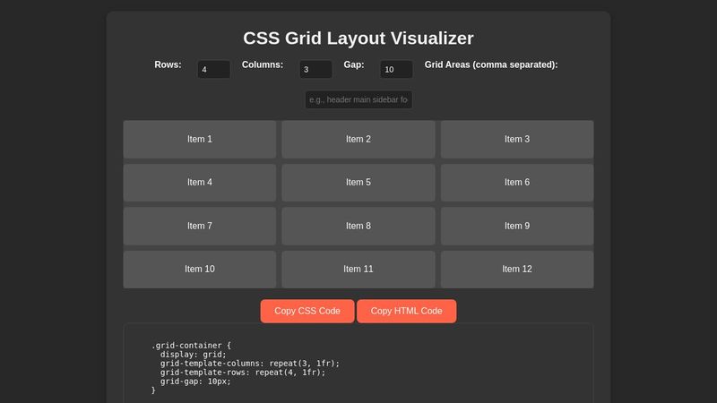Interactive CSS Grid Layout Visualizer and Editor with HTML/CSS/JS Code Export