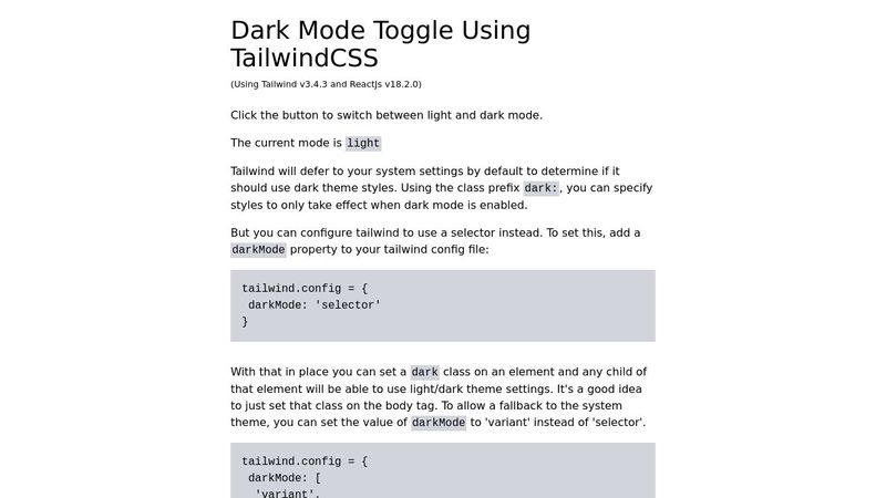 Dark Mode Toggle Using TailwindCSS