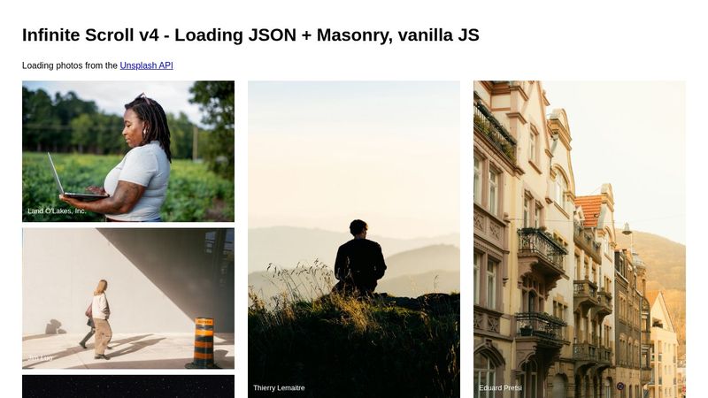 Infinite Scroll v4 - Loading JSON + Masonry, vanilla JS