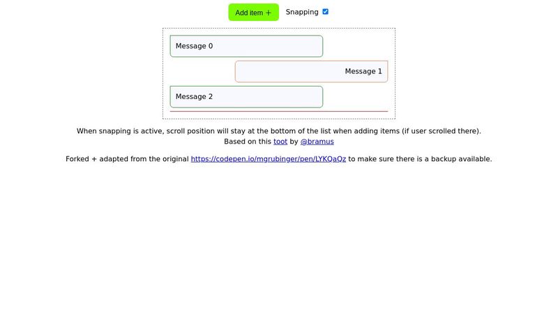Stay at Bottom of Appending List using CSS Scroll Snapping (overflow-anchor version)