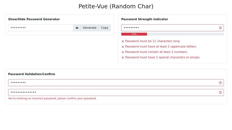 Password Generator, Strength Indicator, Confirm and Show/Hide with Petite-Vue