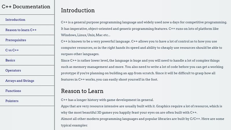 C++ Documentation page
