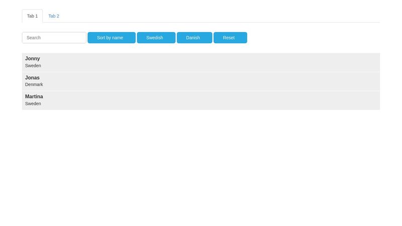 List.js (sort / filter ) + Boostrap tabs ( tabs.js )