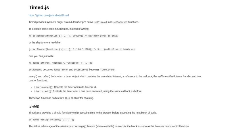 Time.js - Timed provides syntactic sugar around JavaScript's native ...