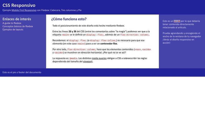 CSS: Diseño RESPONSIVO Flexbox Cabecera, Tres columnas y Pie