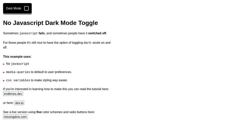 HTML and CSS Only Dark Mode Toggle (no javascript)