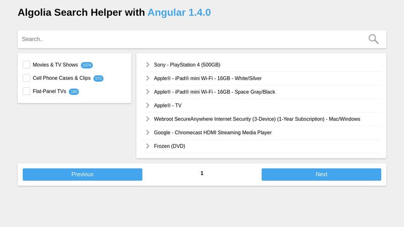 Example using Angular 1.4.0 with Algolia Search Helper- backend search