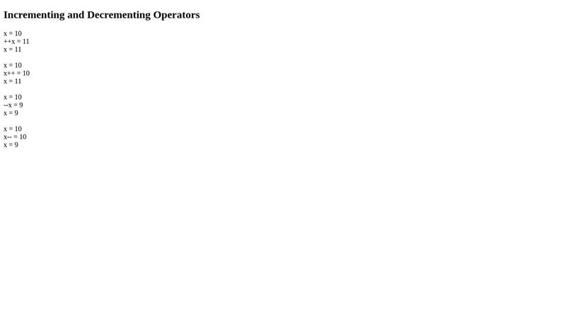 Incrementing and Decrementing Operators