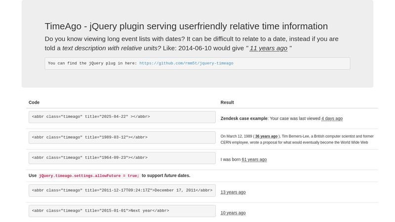 TimeAgo - jQuery plugin serving userfriendly relative time information