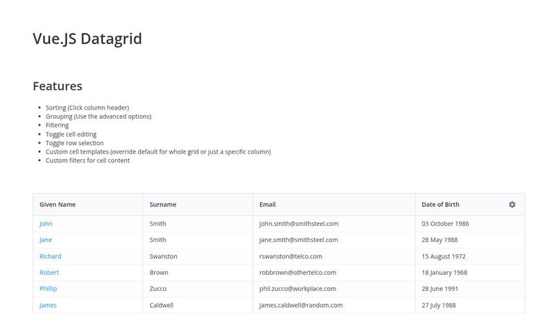 Vue.JS - Advanced Data Grid Component