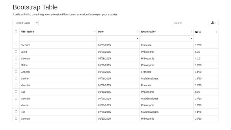 Bootstrap table filter,sorting,export