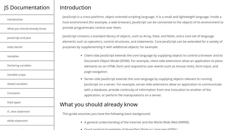 JS Documentation page