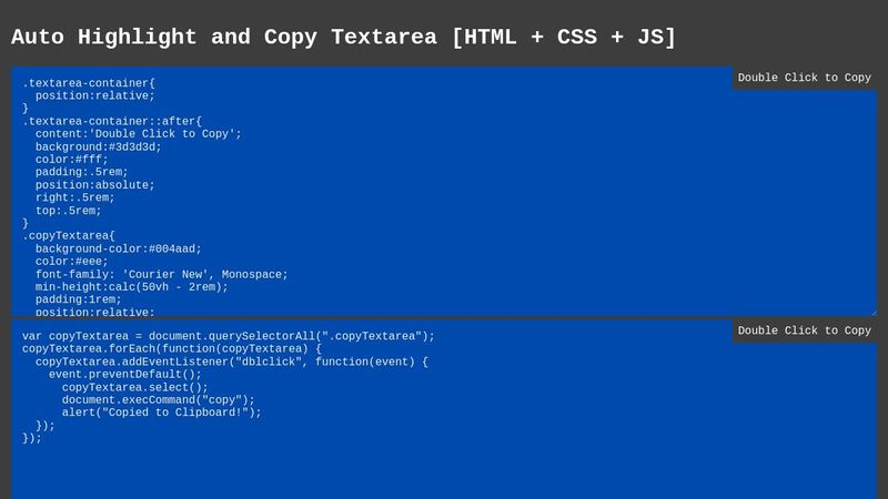 Auto Highlight and Copy Textarea [HTML + CSS + JS]
