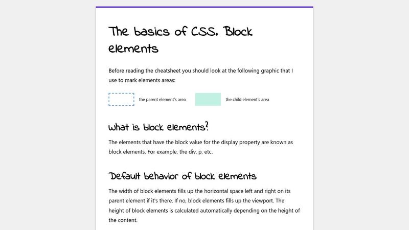The basics of CSS. Block elements cheatsheet