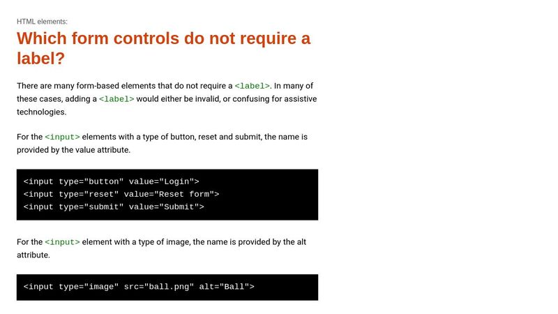 HTML elements: Which form controls do not require a label?
