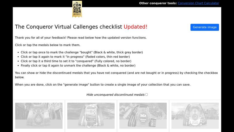 The Conqueror Virtual Challenges Medal Checklist