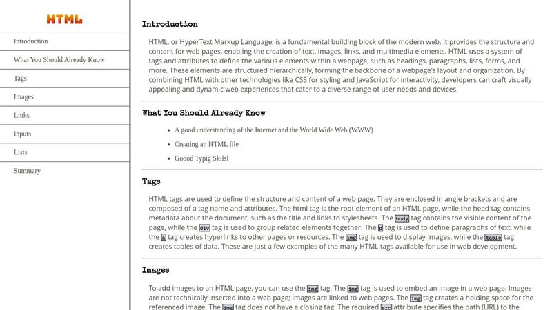 Technical Documentation Page About HTML