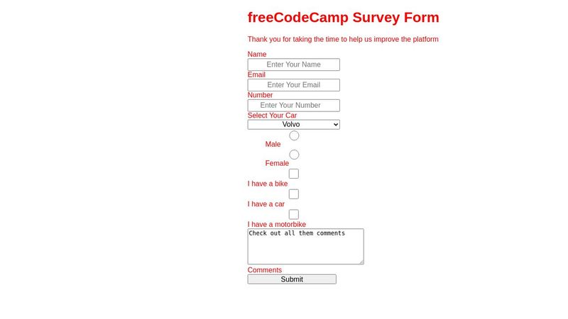 FreeCodeCamp Survey Form - HTML Assignment #2