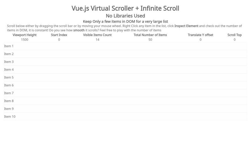 Virtual Scroll Vue.js No Libraries + Infinite Scroll