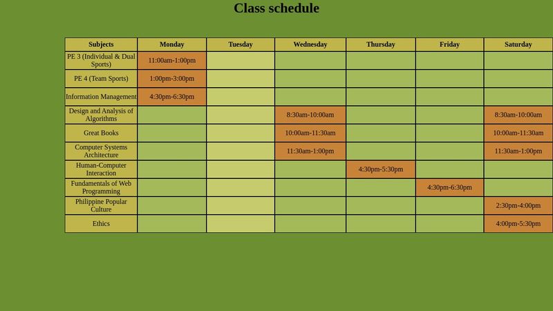 Class schedule table