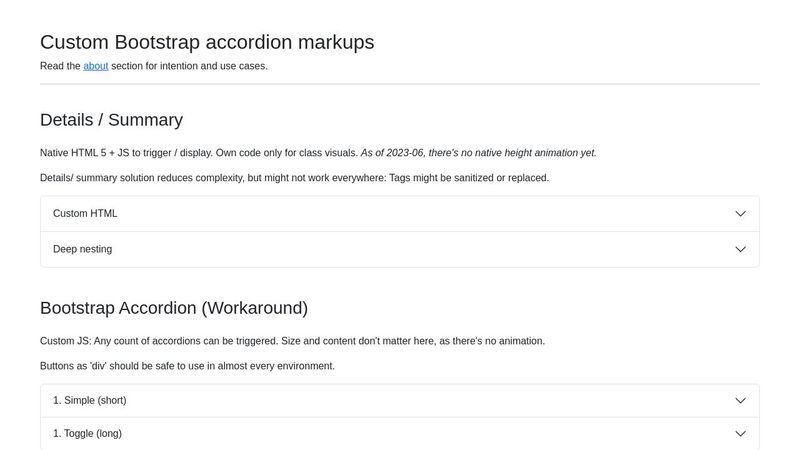Accordions – Custom markup + JS (Bootstrap)
