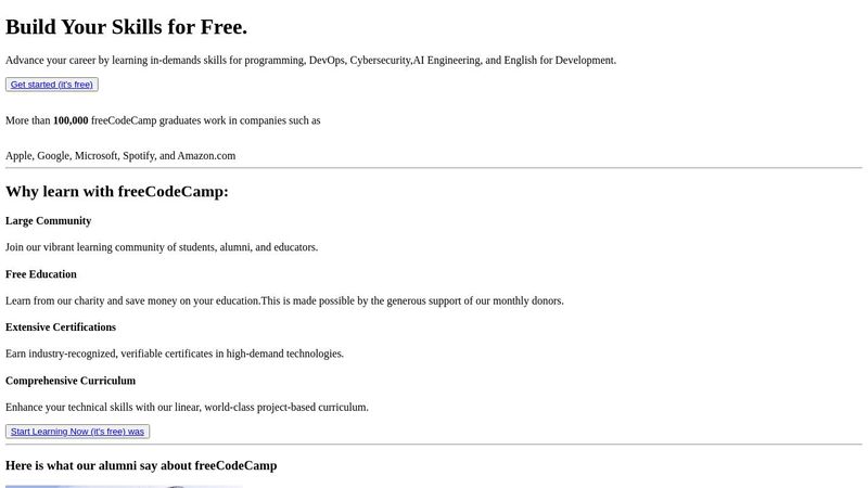 freeCodeCamp opening page for beginners.