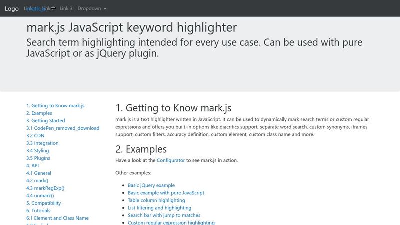 mark.js JavaScript keyword highlighter