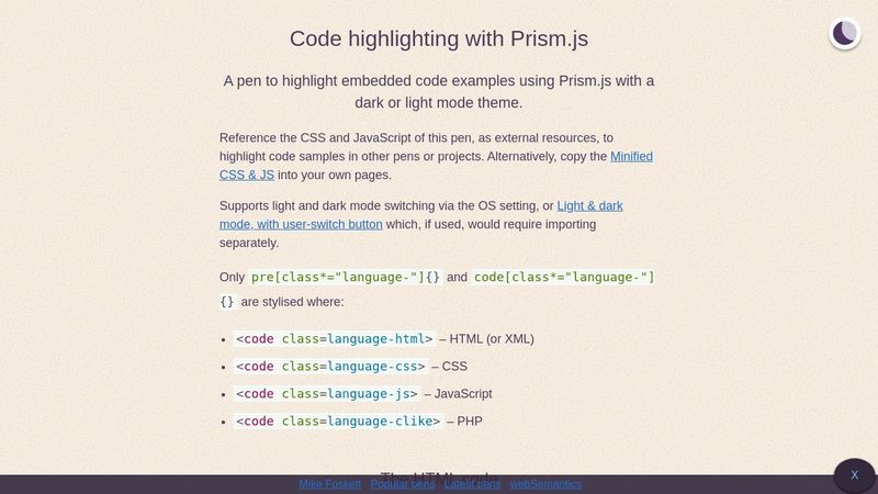 Code highlighting (light & dark mode) with Prism.js