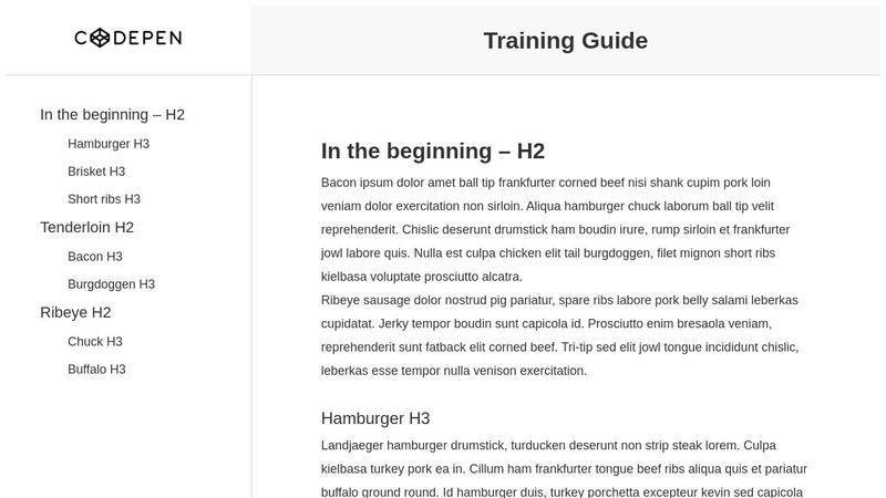 Jump to headers - Auto Sidebar Generator from Header Loop - Documentation/Guide Example